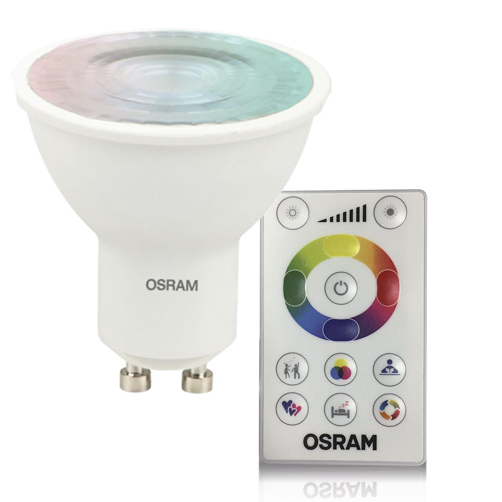 Foco MR16 RGBW 4.5W 100-240V GU10 con control remoto marca Osram – PlayLux